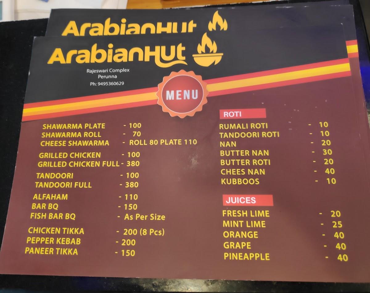 Menu at Arabian Hut, Changanassery