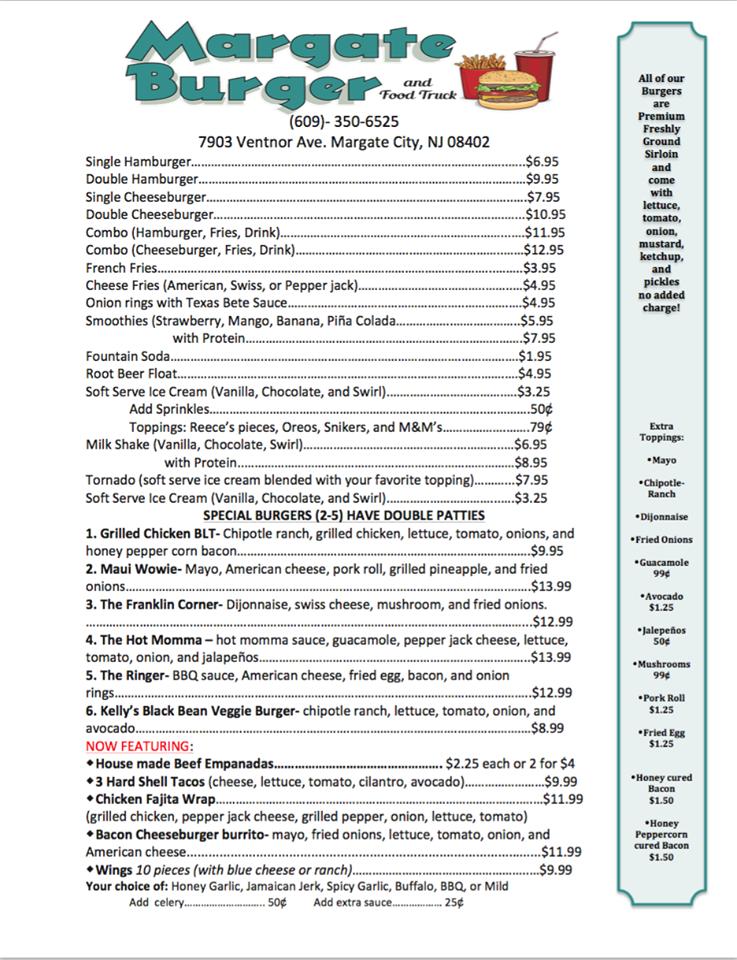 Menu at Margate Food Truck restaurant, Margate City, Ventnor Ave