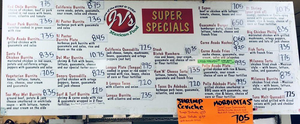 Menu at JV's Mexican Food restaurant, San Diego