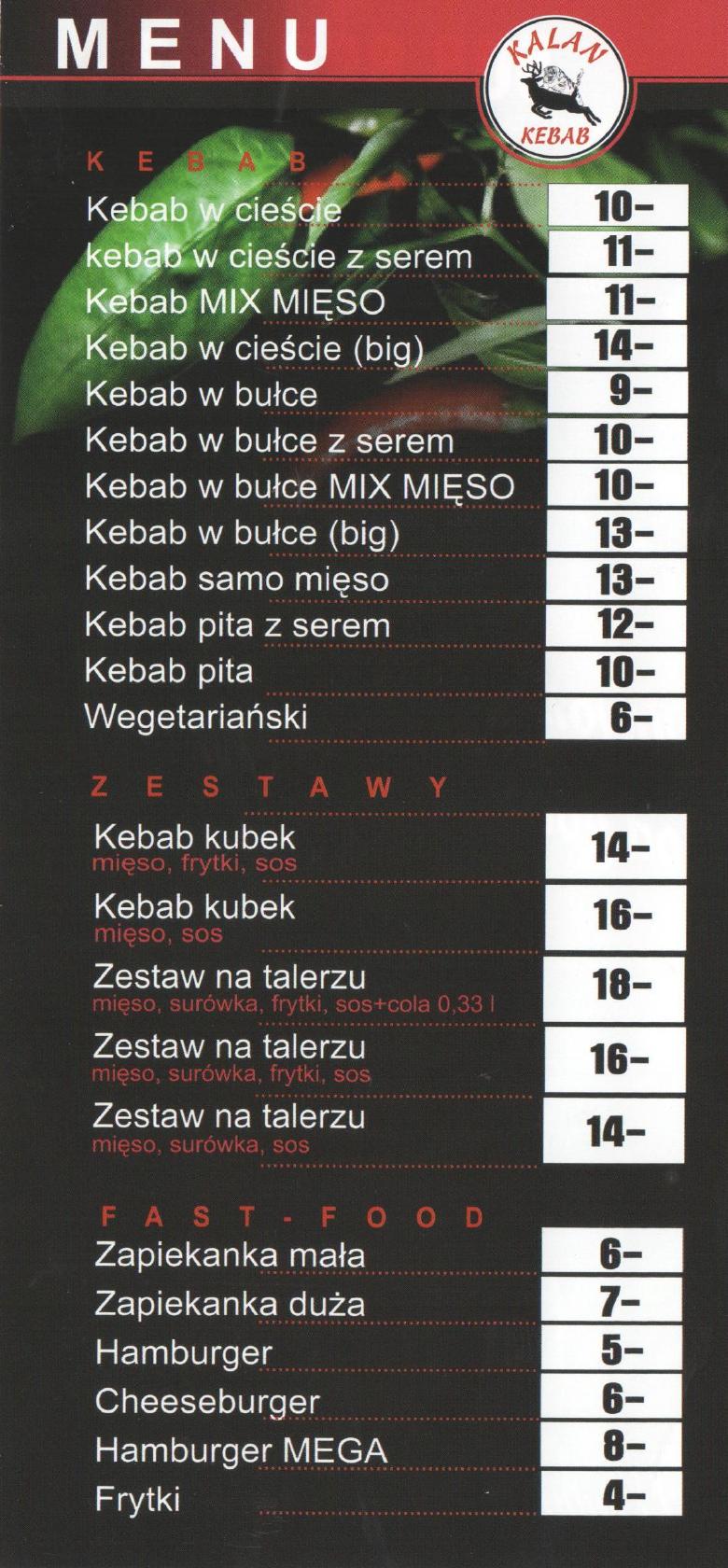 Menu at Kalan Kebab - Piłsudskiego restaurant, Zawiercie, Józefa ...