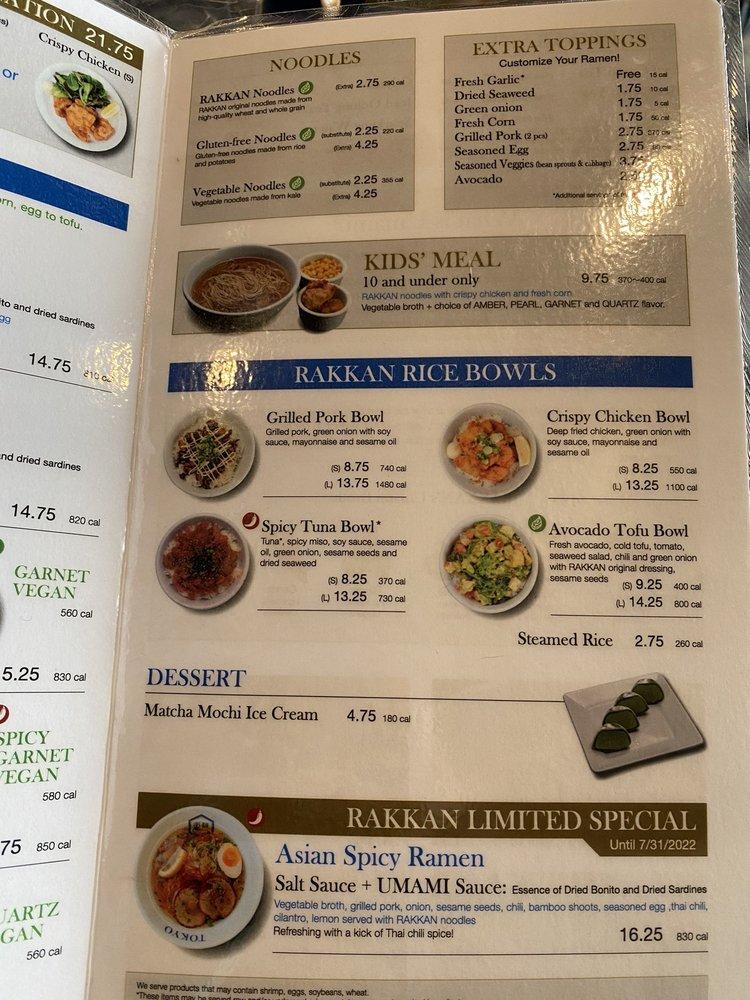 Menu at Rakkan Ramen restaurant, Boulder