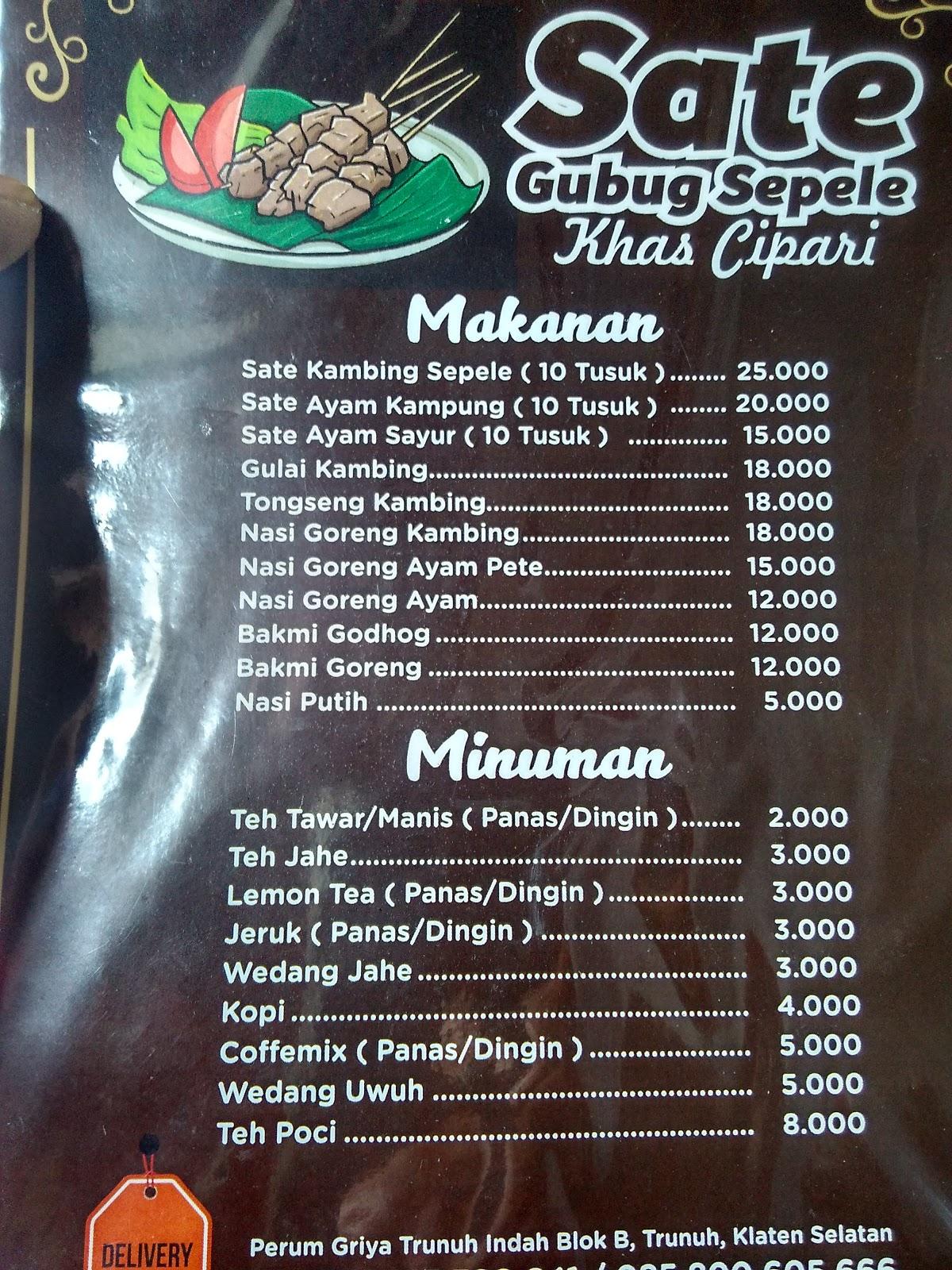 Menu at Sate Gubug Sepele restaurant, Klaten