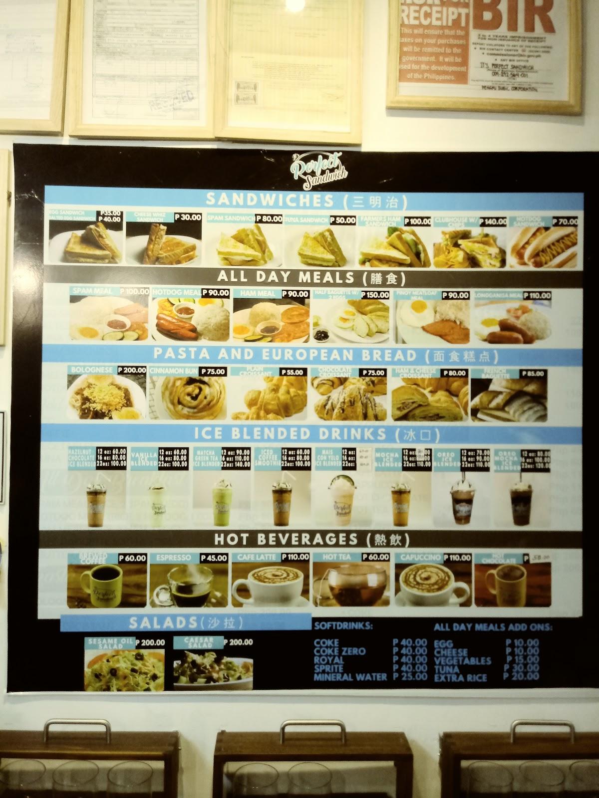 Carta del café The Perfect Sandwich, Subic Bay Freeport Zone
