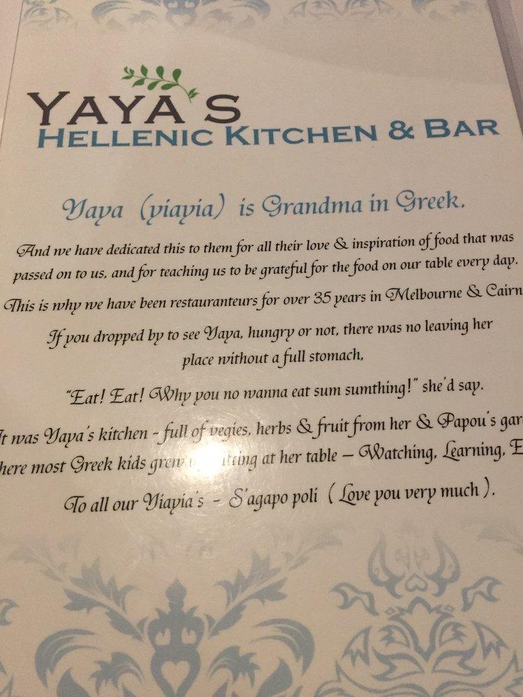 Menu at Yaya’s Hellenic Kitchen and Bar, Cairns