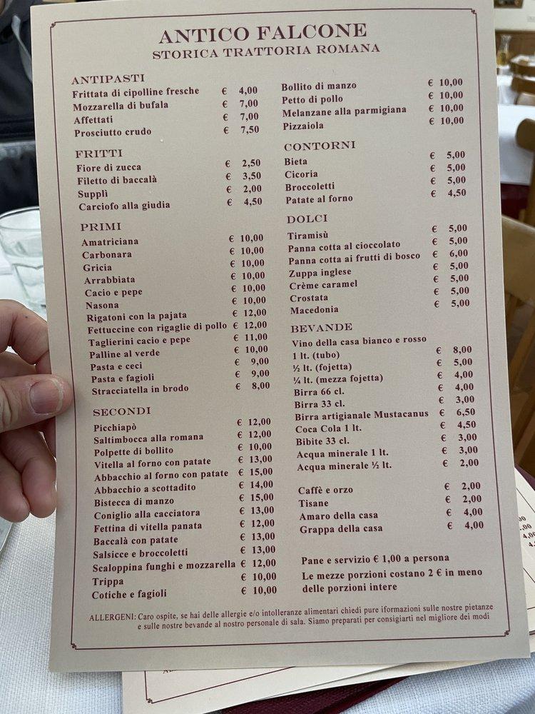Menu da Trattoria Antico Falcone ristorante, Roma, Via Trionfale