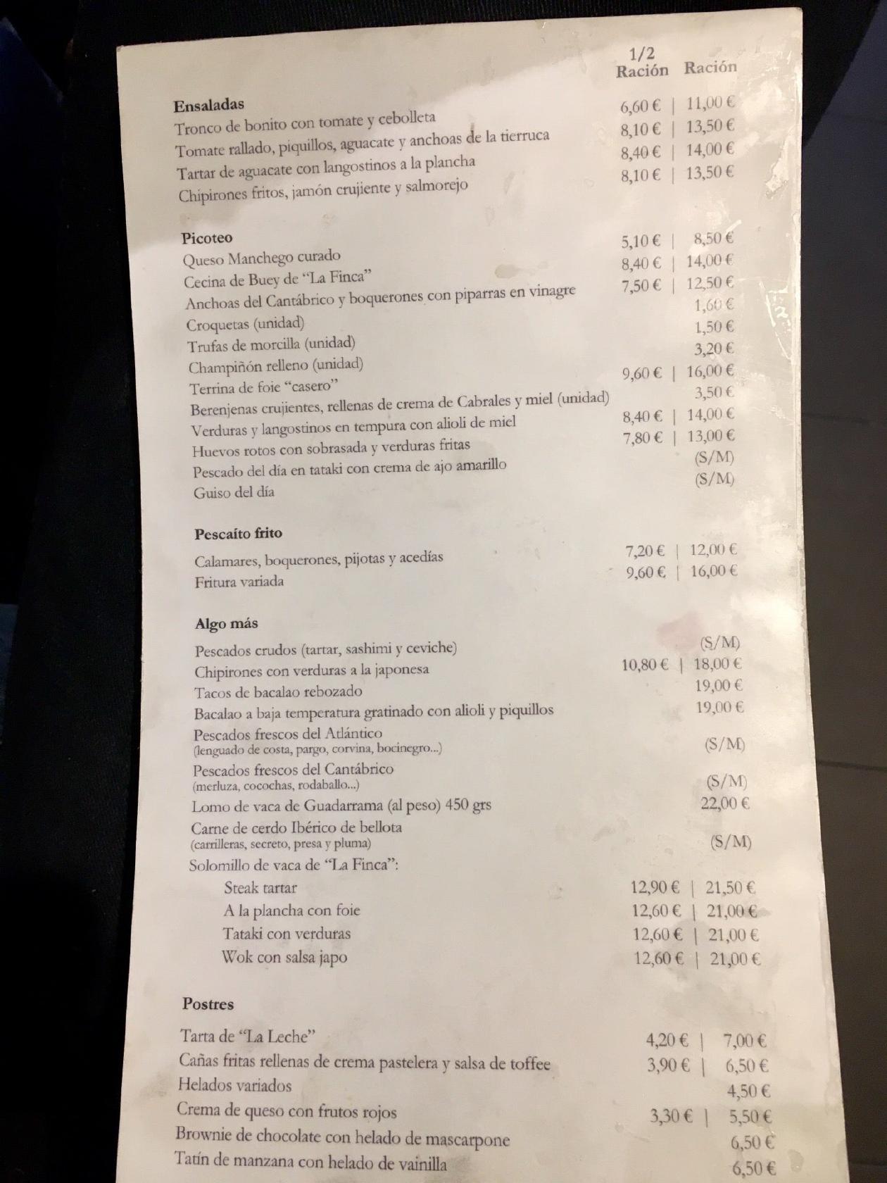 Carta de Toque Restaurante, Majadahonda