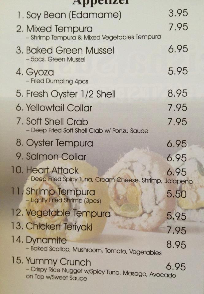 Menu at Geisha Sushi restaurant, River Edge