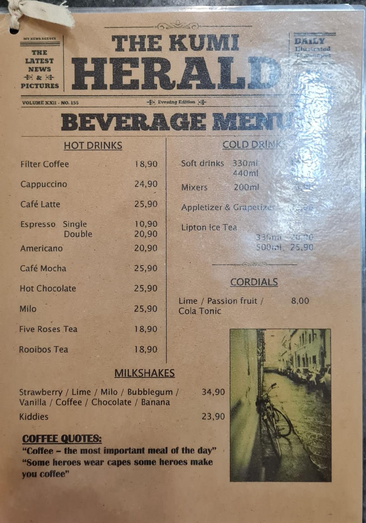 Menu at Kumi Restaurant, South Africa