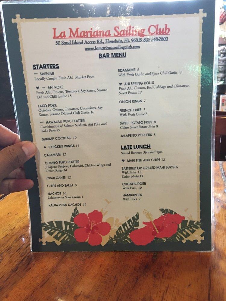 Menu at La Mariana Sailing Club, Honolulu, 50 Sand Island Access Rd