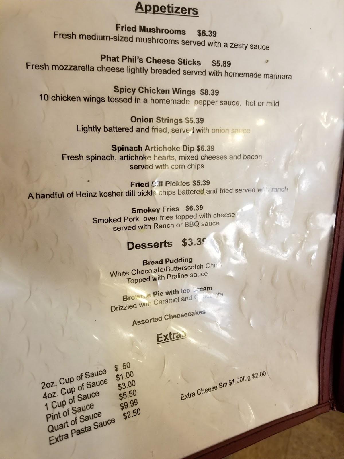 Menu at Phat Phil's restaurant, USA, GA-120