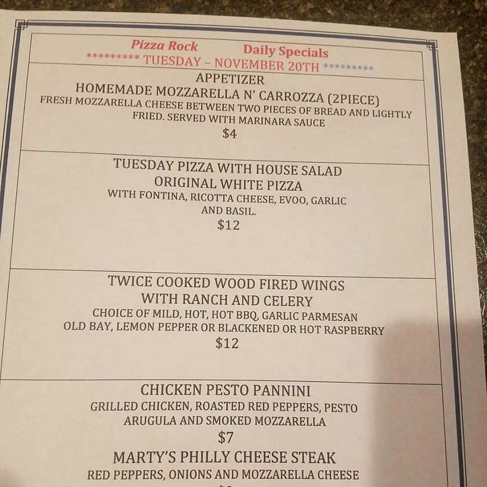 Menu at Pizza Rock pizzeria, Brandon