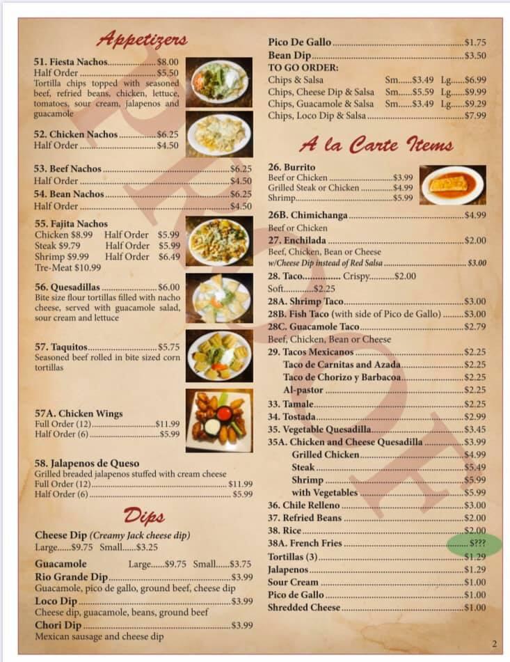 Menu at Rio Grande Mexican restauran /Purvis ms restaurant, Purvis