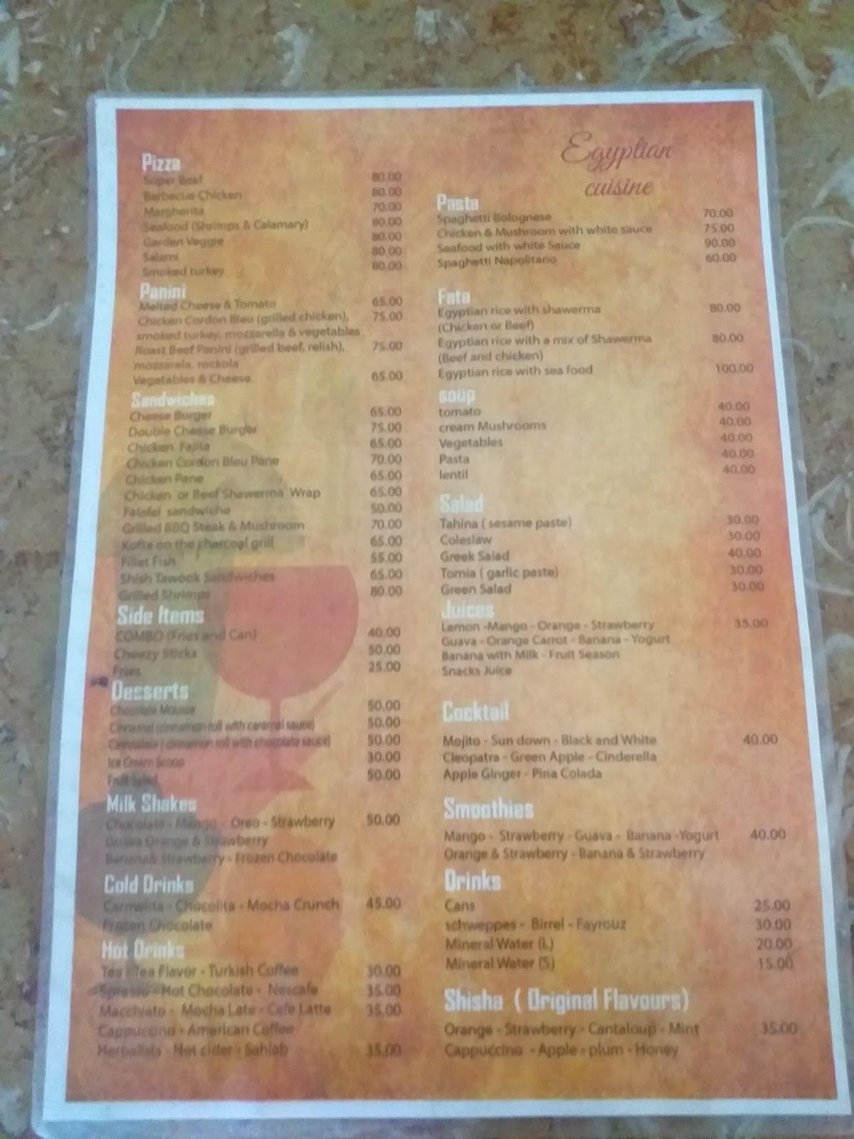 Menu at Snack Time restaurant, Luxor, maabad elkarnak