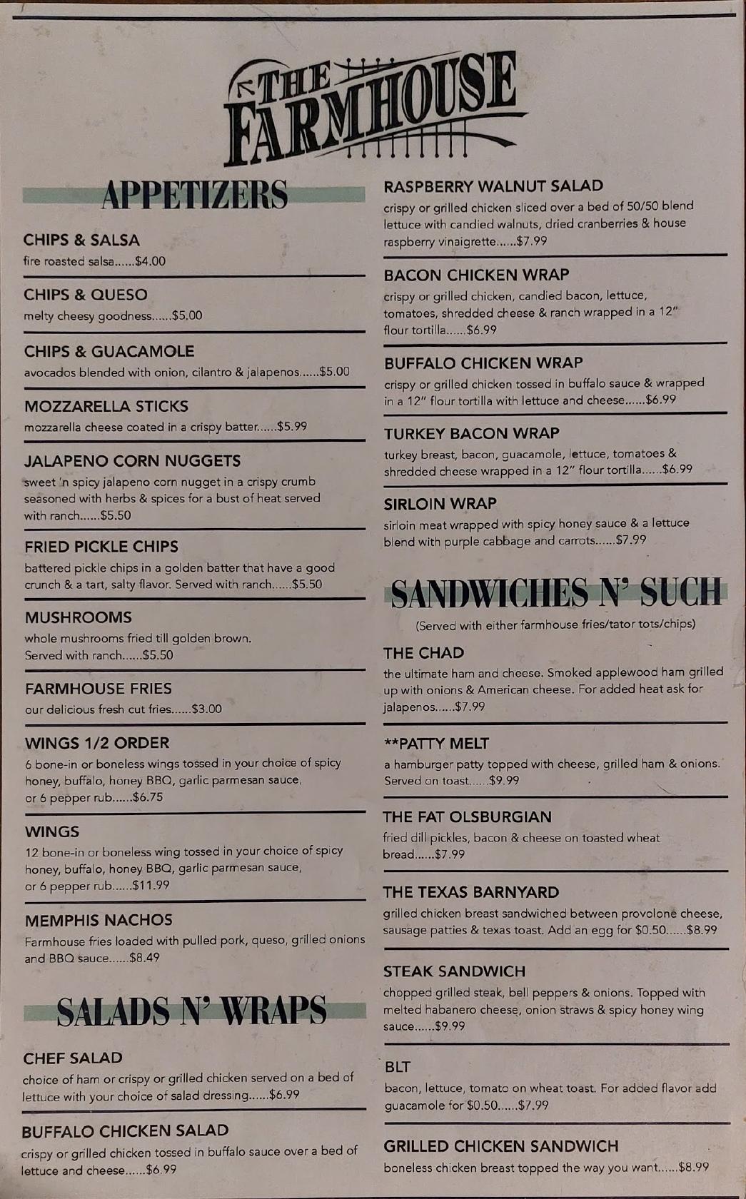 Menu at The Farmhouse restaurant, Riley