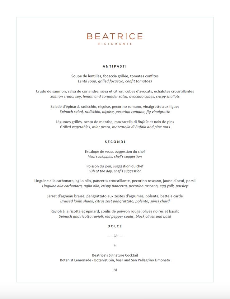 Menu at Beatrice restaurant, Montreal