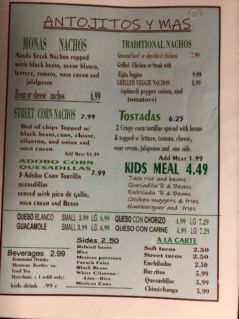 Menu at Cafe Mona, Stillwater
