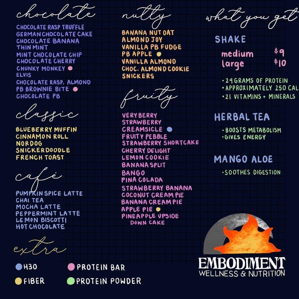 Menu at Embodiment Wellness & Nutrition pub & bar, Crescent Springs