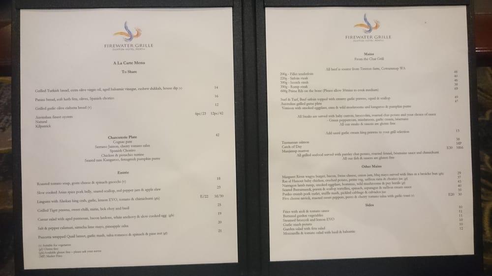 Menu at Firewater Grille steakhouse, Perth, 1 St Georges Terrace