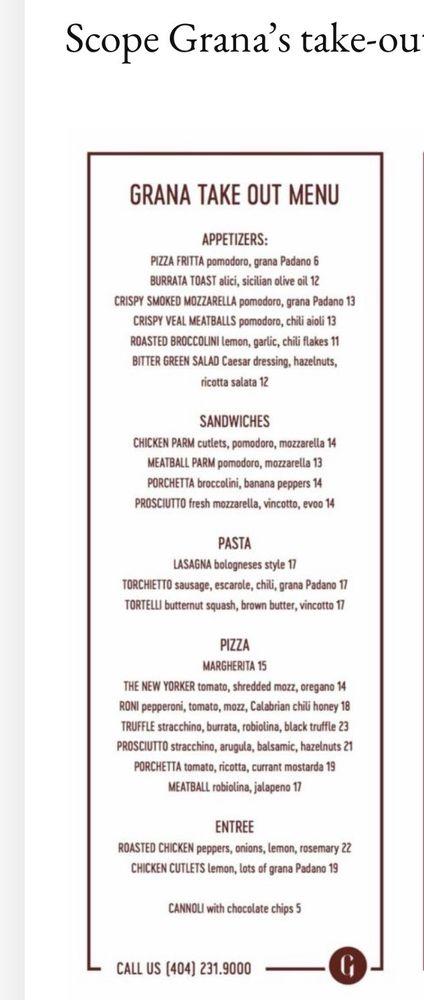 Menu at Grana pizzeria, Atlanta