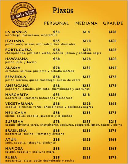 Menu at Hell's Pizza restaurant, Mexico City