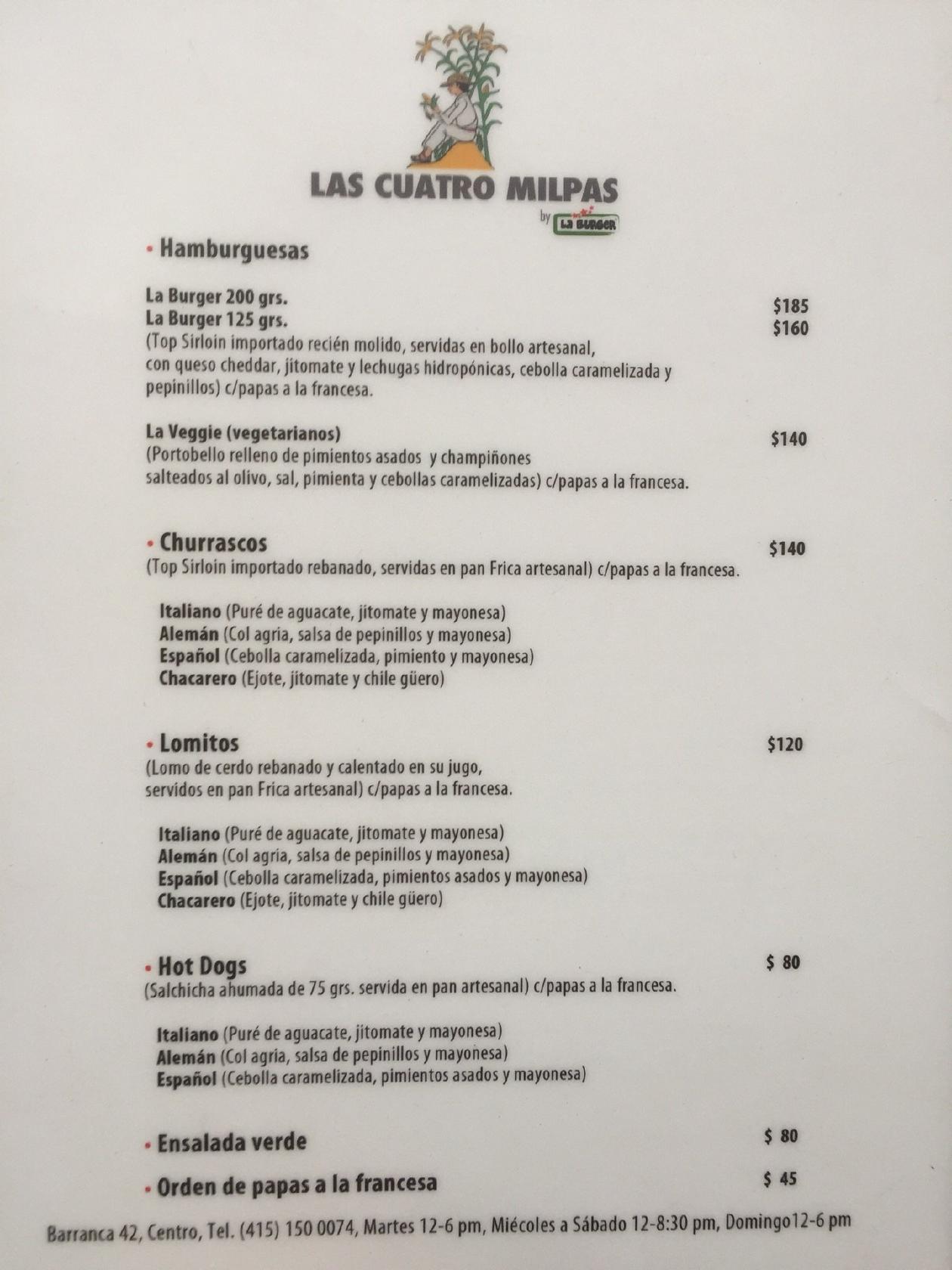 Carta del restaurante La Burger - Cuatro Milpas, San Miguel del Allende