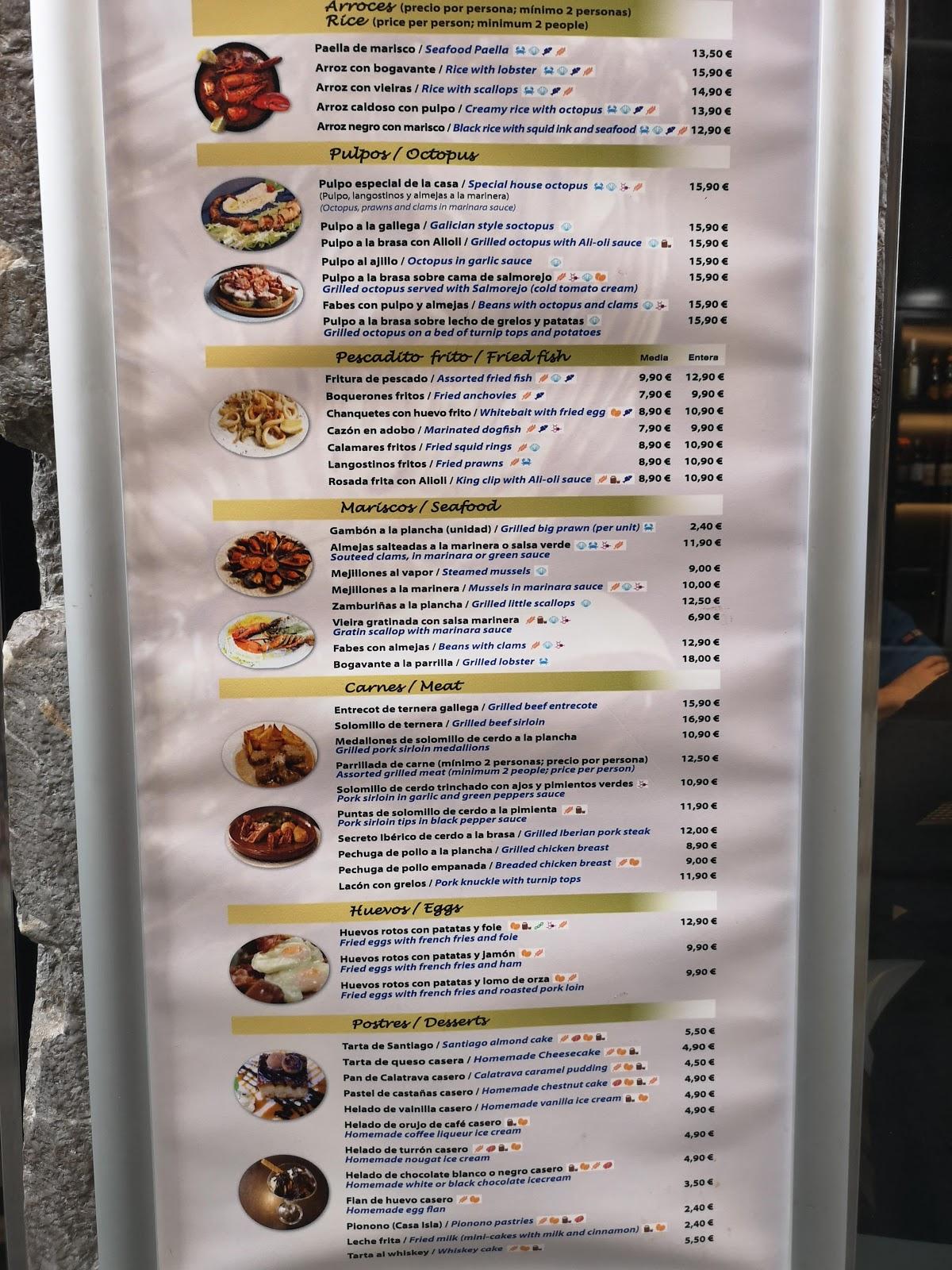 Carta del restaurante Mesón Botafumeiro, Granada, Calle Príncipe