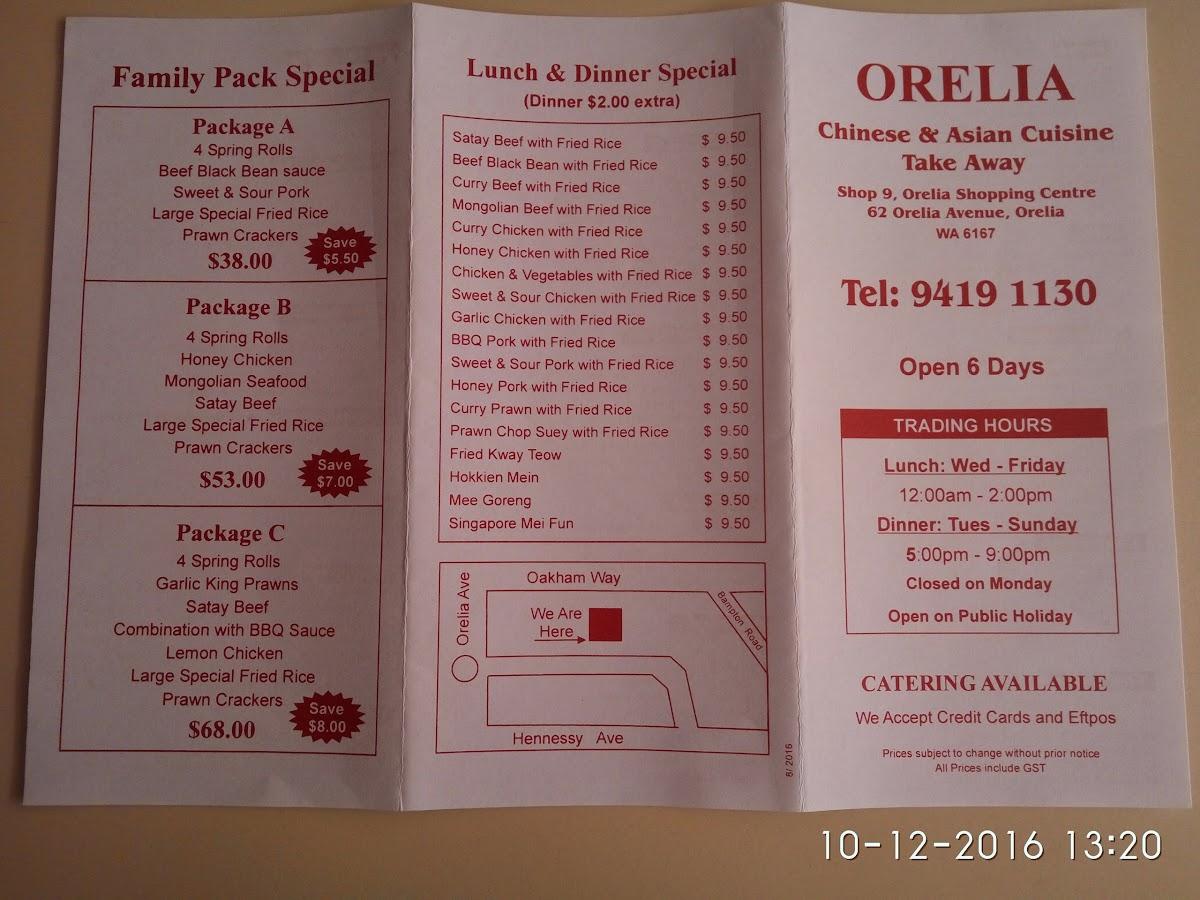 Menu at Orelia Chinese & Asian Cuisine Take Away restaurant, Orelia