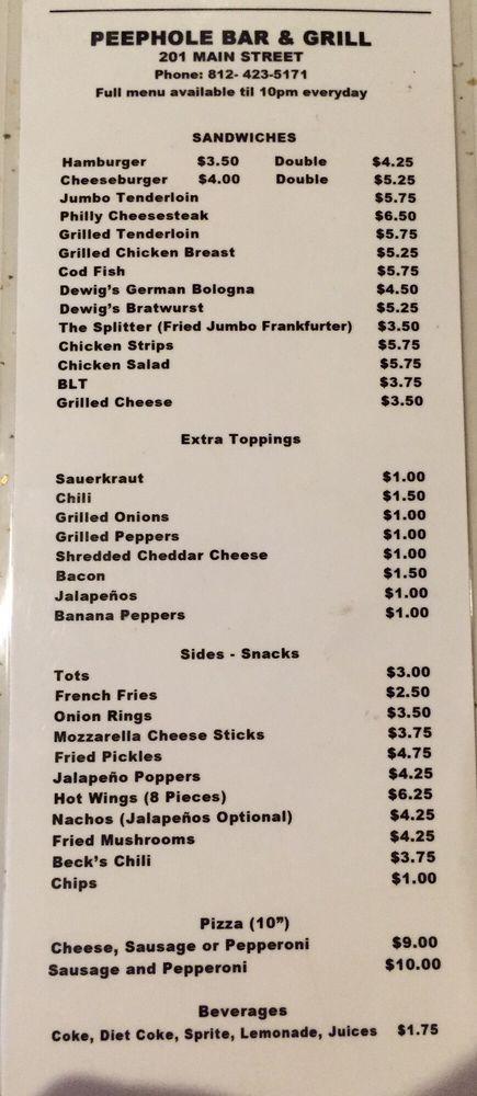 Menu at Peephole Bar & Grill, Evansville