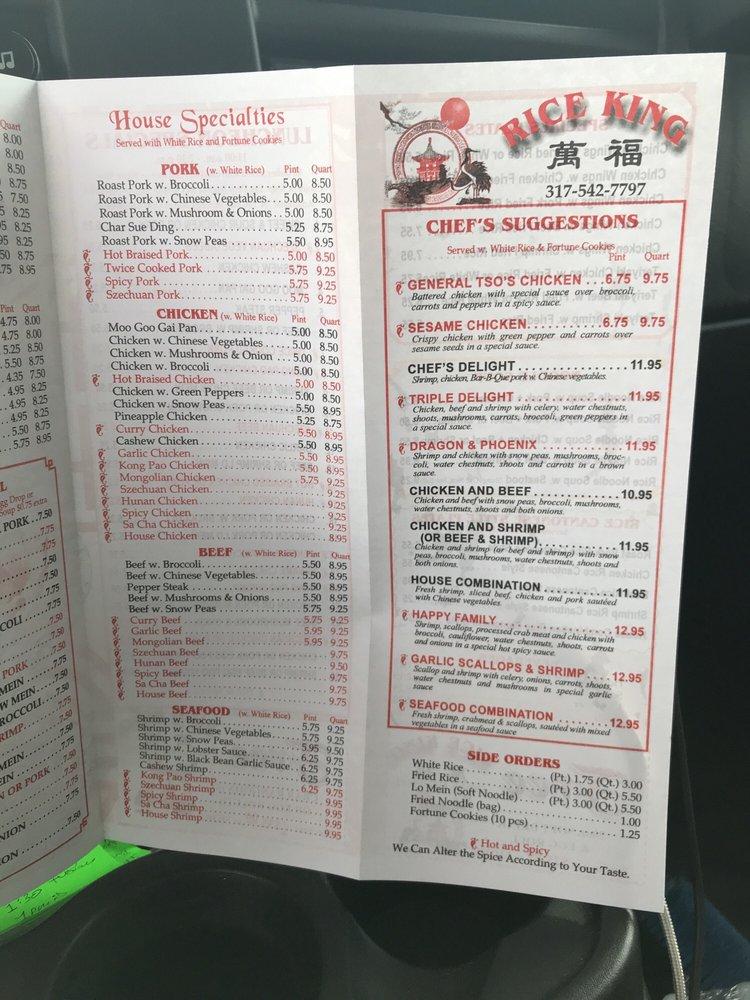 Menu at Rice King restaurant, Indianapolis, Pendleton Pike