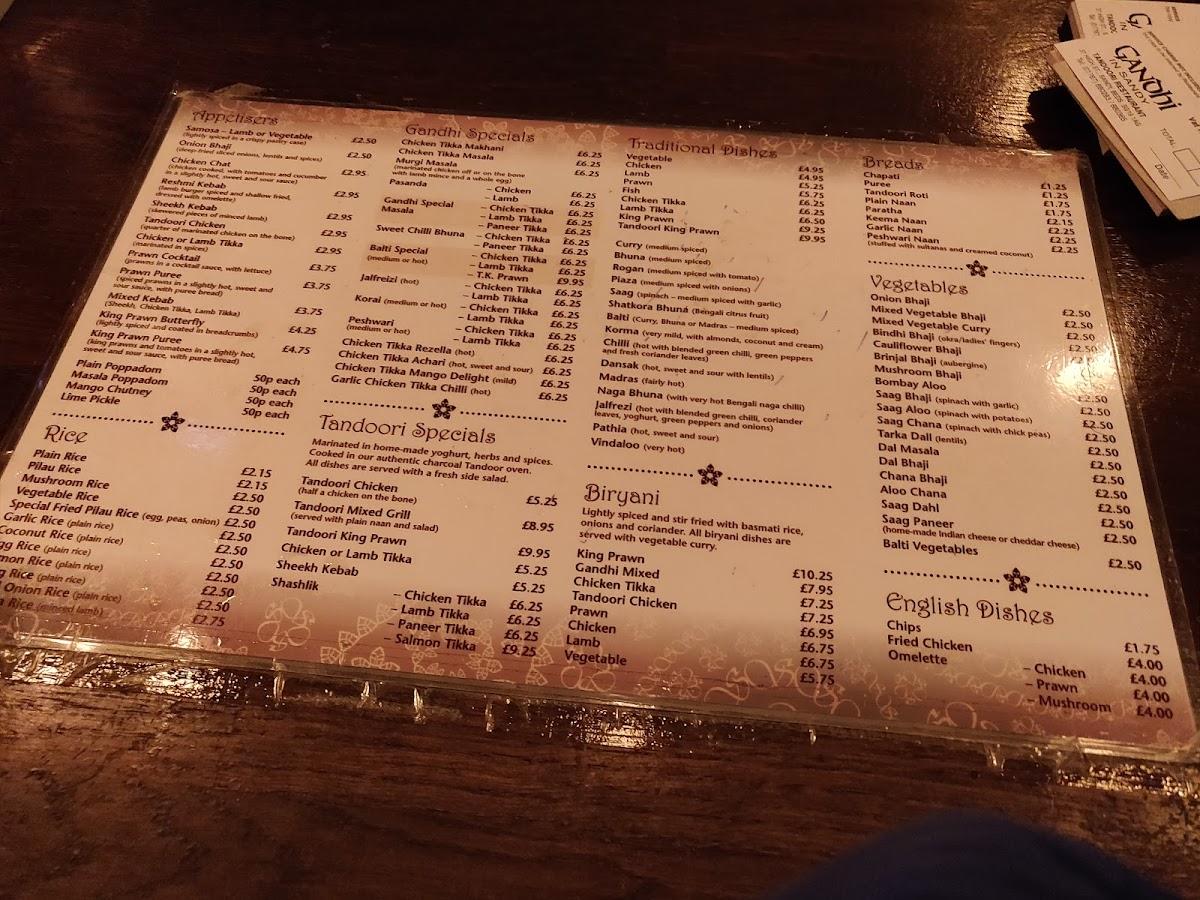 Menu at The Gandhi in Sandy restaurant, Sandy