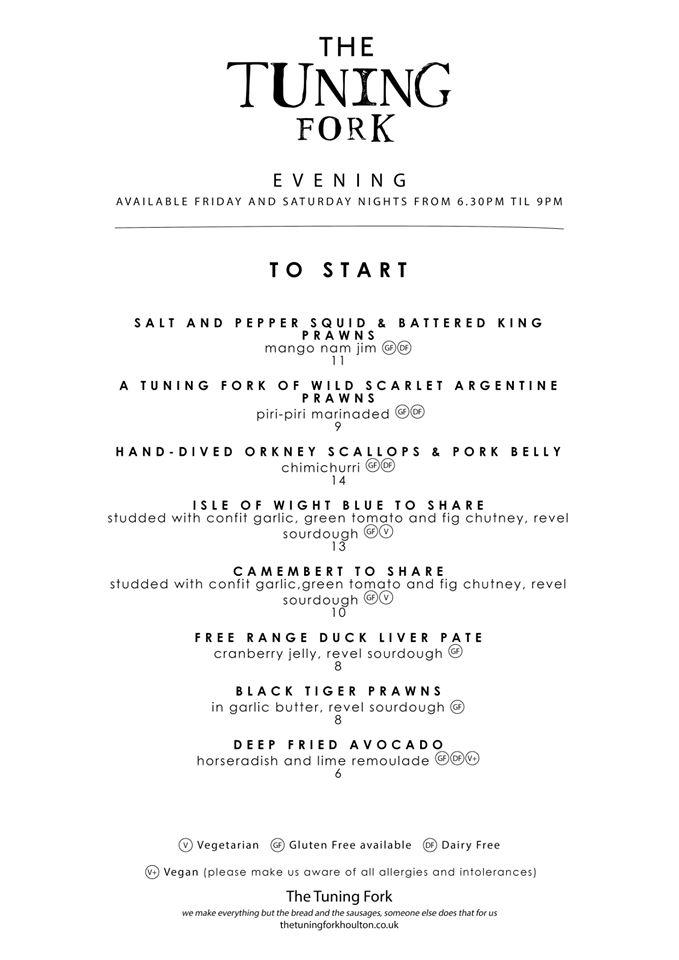 Menu at The Tuning Fork restaurant, Rugby