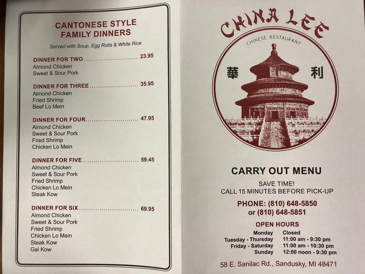 Menu at China Lee restaurant, Sandusky
