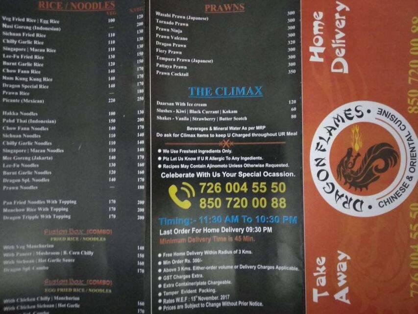 Menu at Dragon Flames, Patna