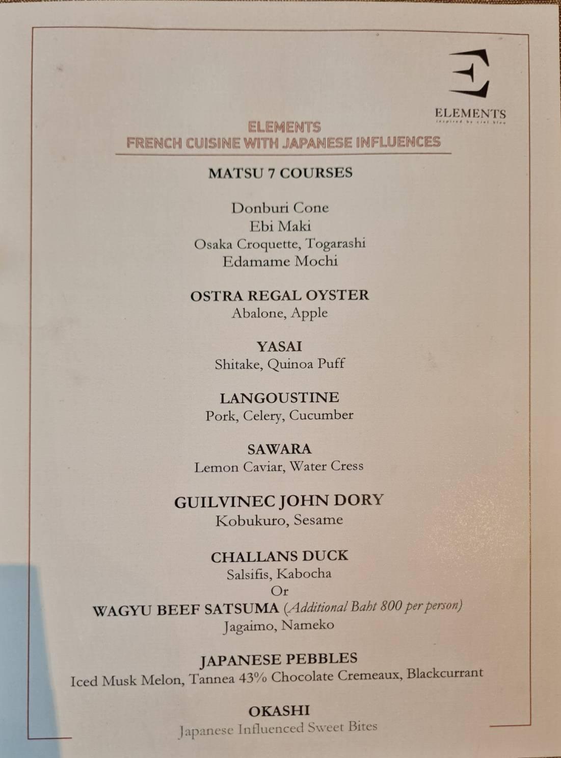 Menu at Elements, Inspired by Ciel Bleu restaurant, Bangkok, 57 Witthayu Rd