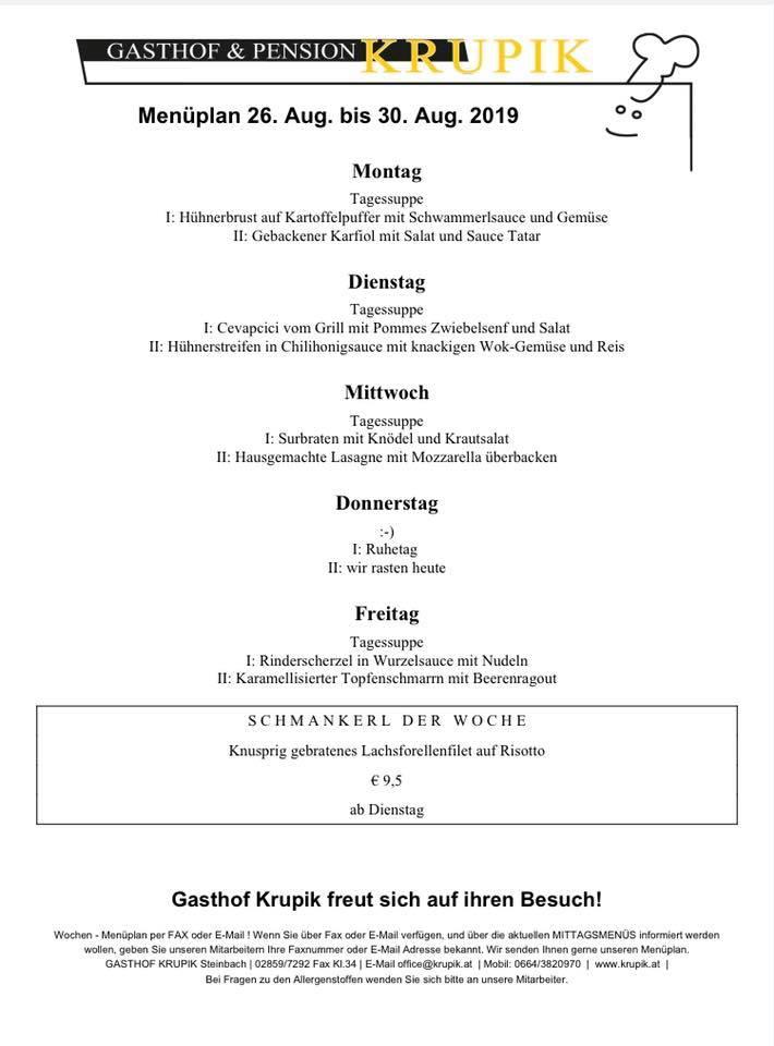 Carta del restaurante Gasthof Pension Renate Krupik, Austria