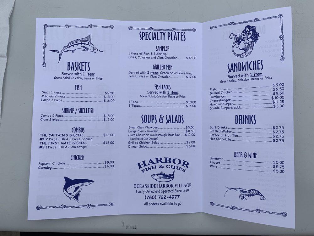 Menu at Harbor Fish & Chips restaurant, Oceanside
