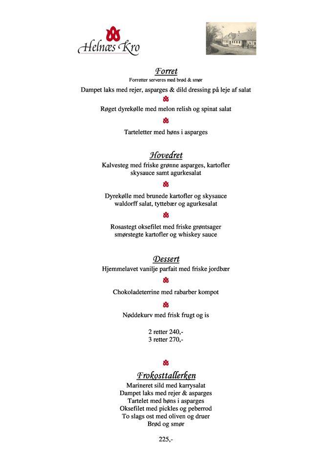 Menu at Helnæs Kro restaurant, Ebberup
