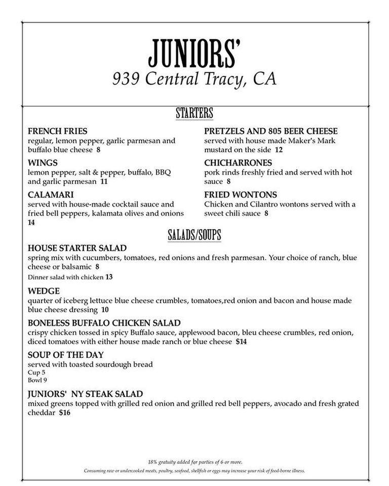 Menu at Juniors' restaurant, Tracy