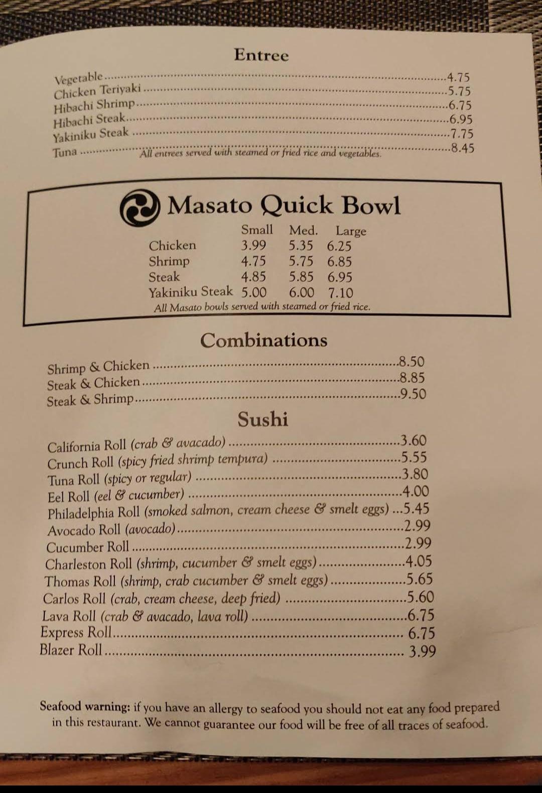 Menu at Masato Express restaurant, Thomasville, Remington Ave