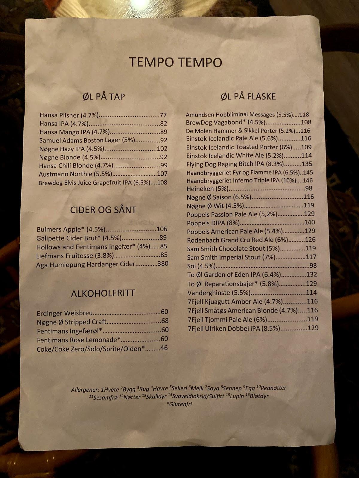 Menu at tempo tempo pub & bar, Bergen