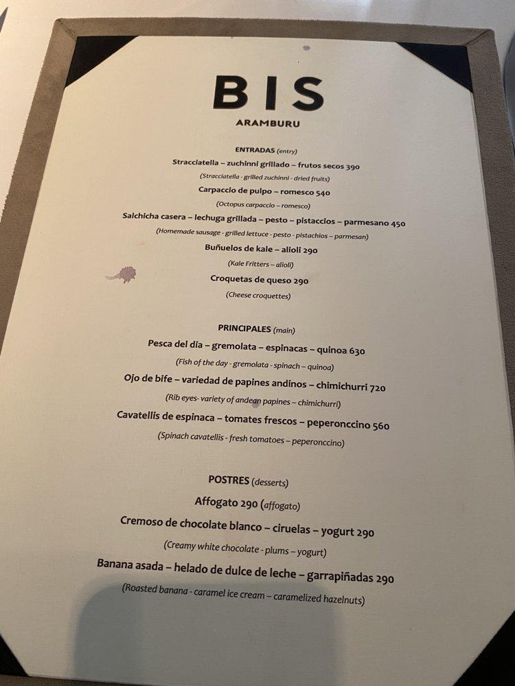 Carta de Bis Restaurante, Buenos Aires