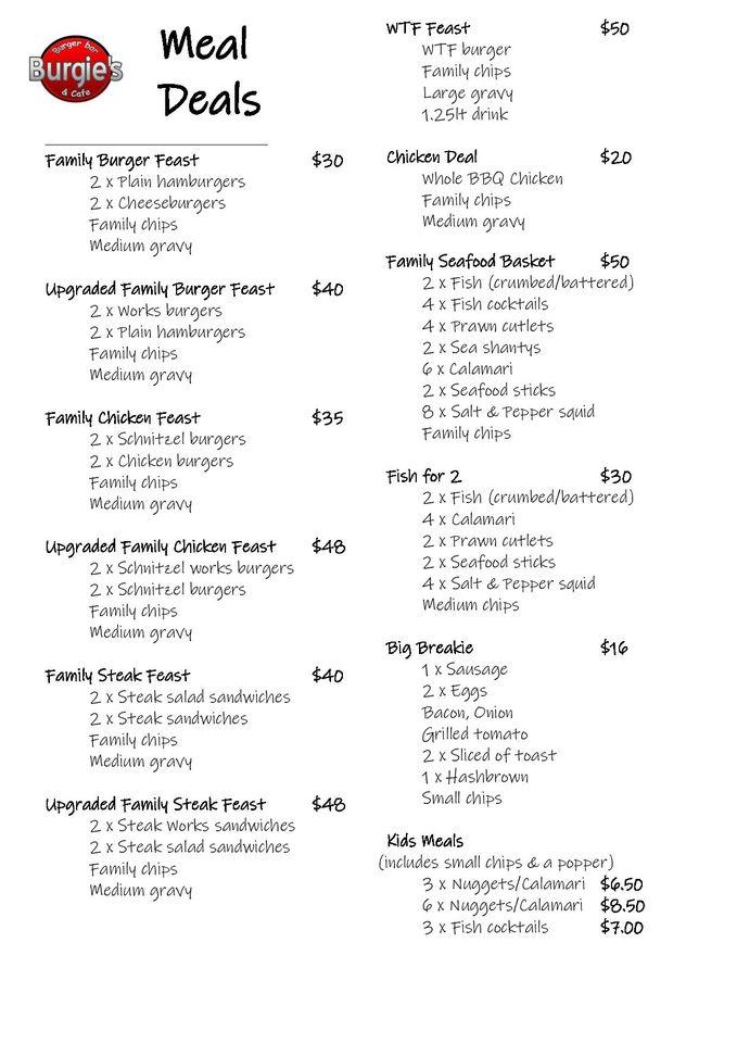Menu at Burgie's Burger Bar & Cafe, Dubbo