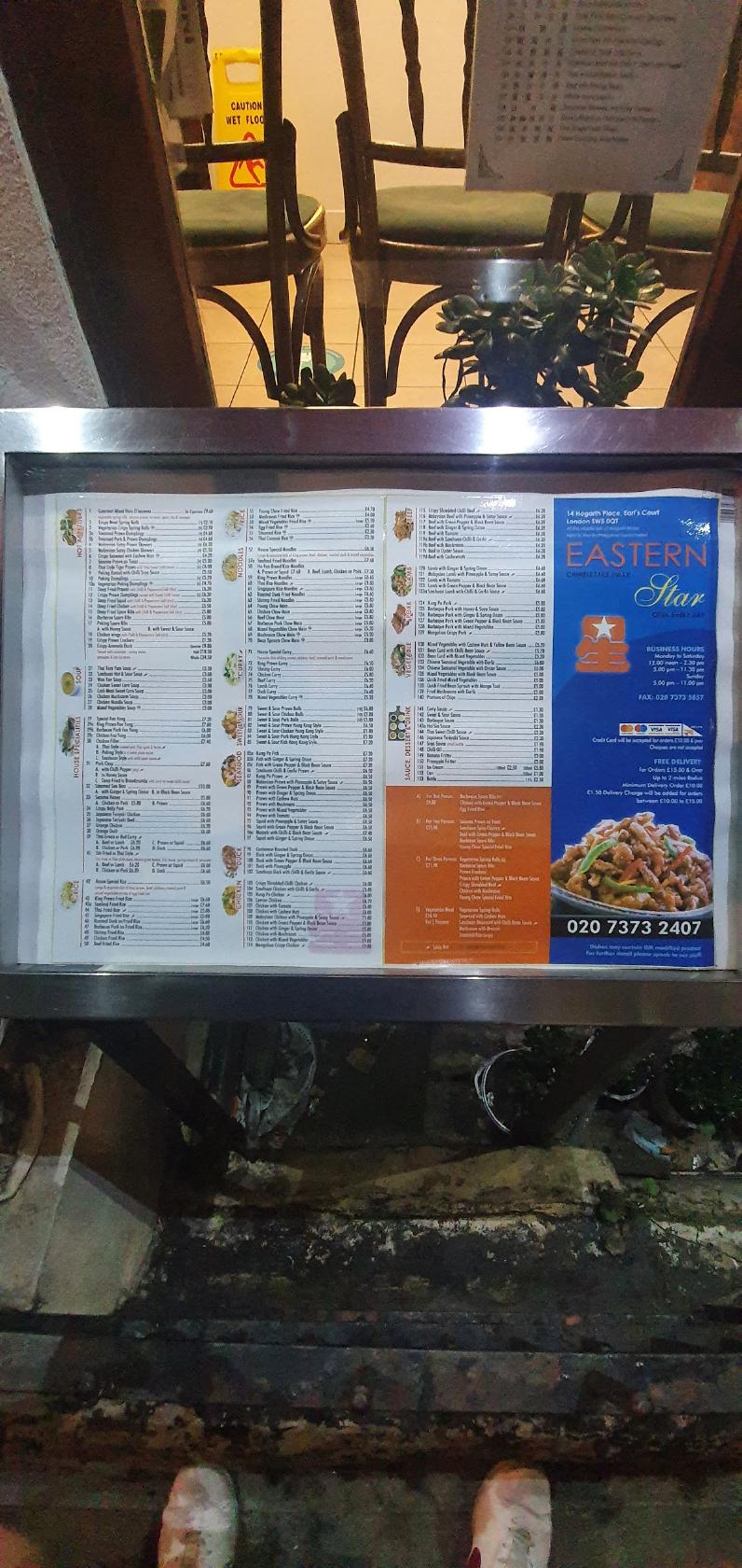 Menu at Eastern Star fast food, London, 14 Hogarth Pl