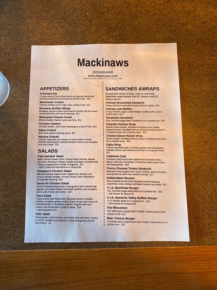 Menu at Mackinaws Grill & Spirits restaurant, Green Bay