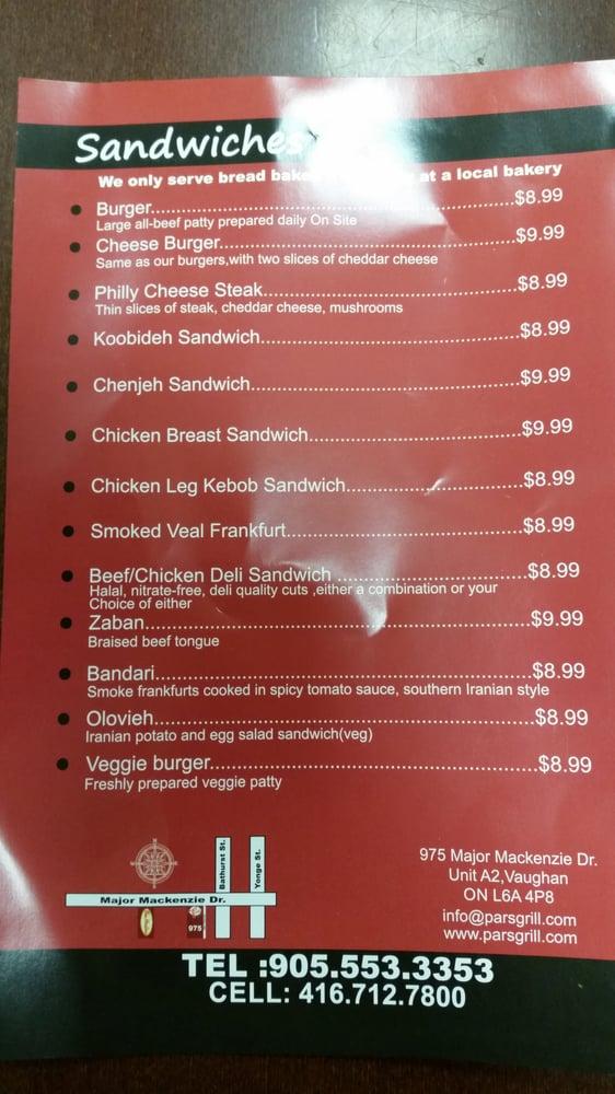 Menu at Pars Grill restaurant, Vaughan, 975 Major MacKenzie Dr W A2