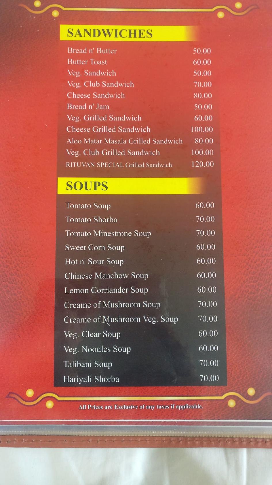 Menu at Rituvan Restaurant, Mandsaur