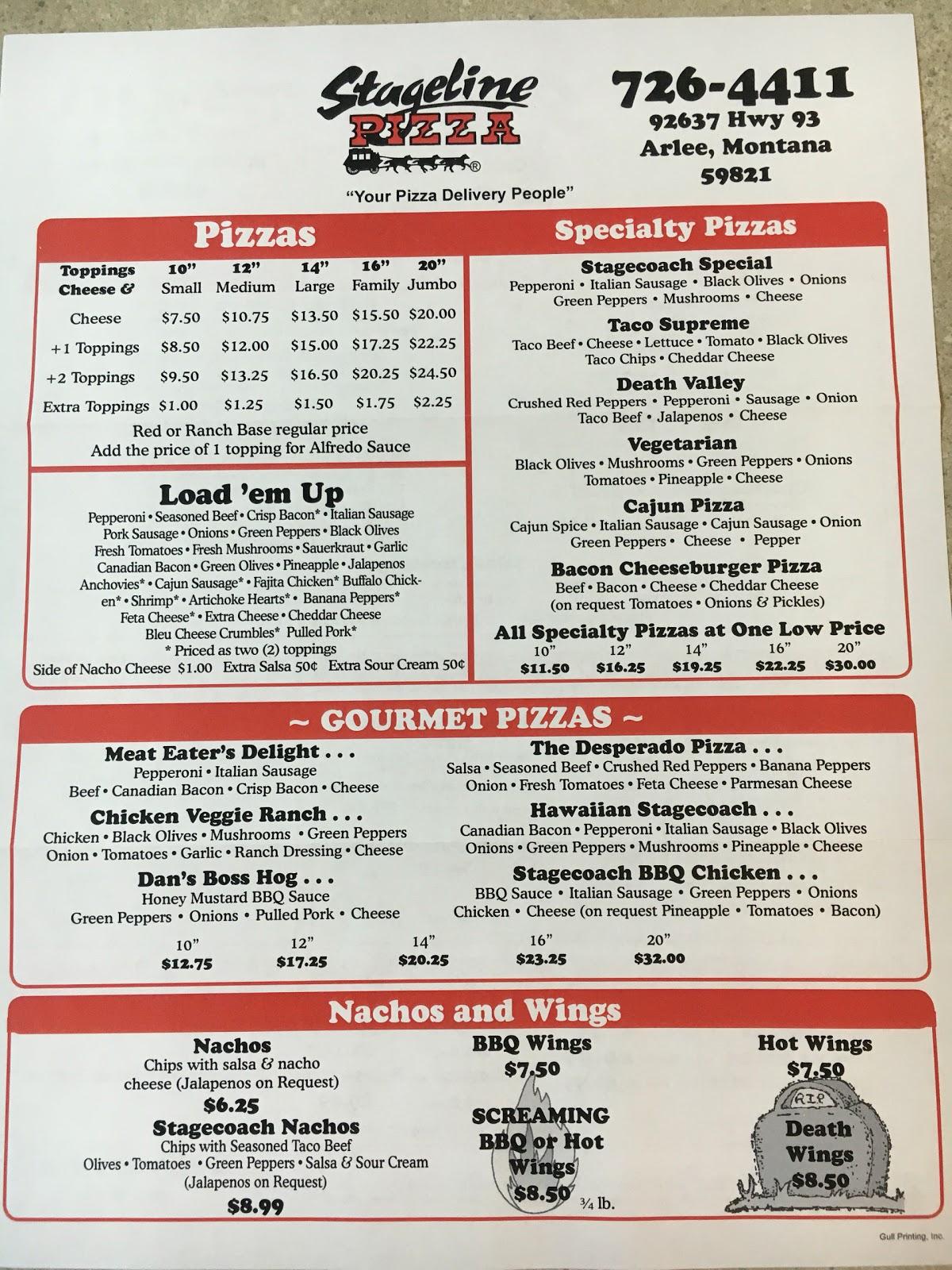 Menu at Stageline Pizza pizzeria, Arlee