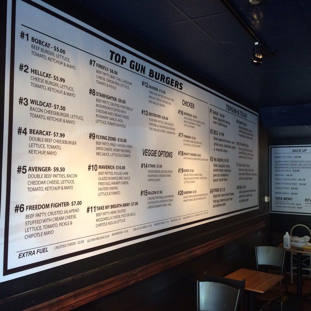 Menu at Top Gun Burger restaurant, Toronto, 251 Augusta Ave