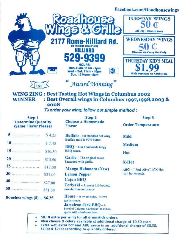 Menu at Roadhouse Wings & Grille restaurant, Hilliard, Hilliard Rome Rd