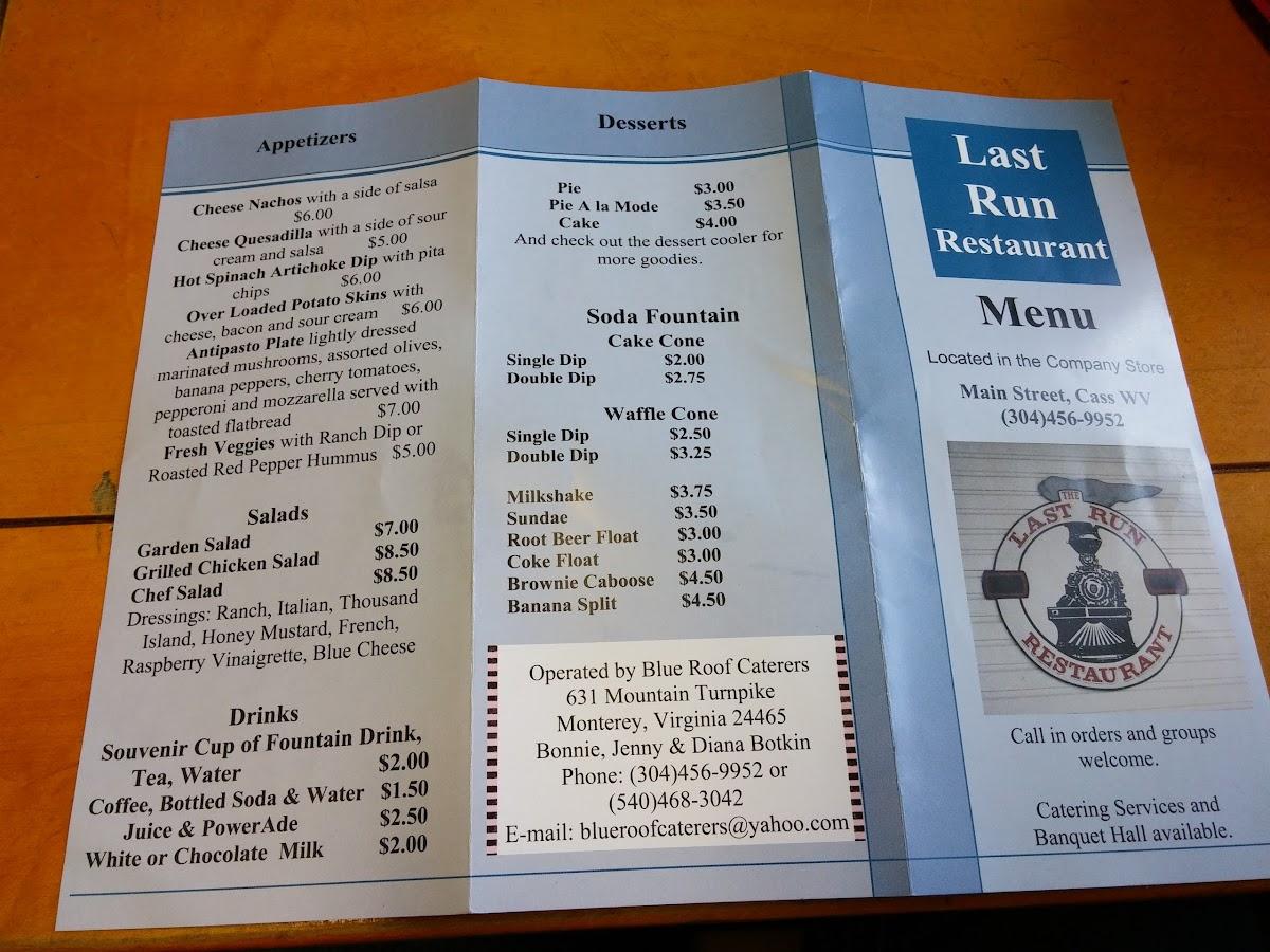 Menu at The Last Run Restaurant, Cass